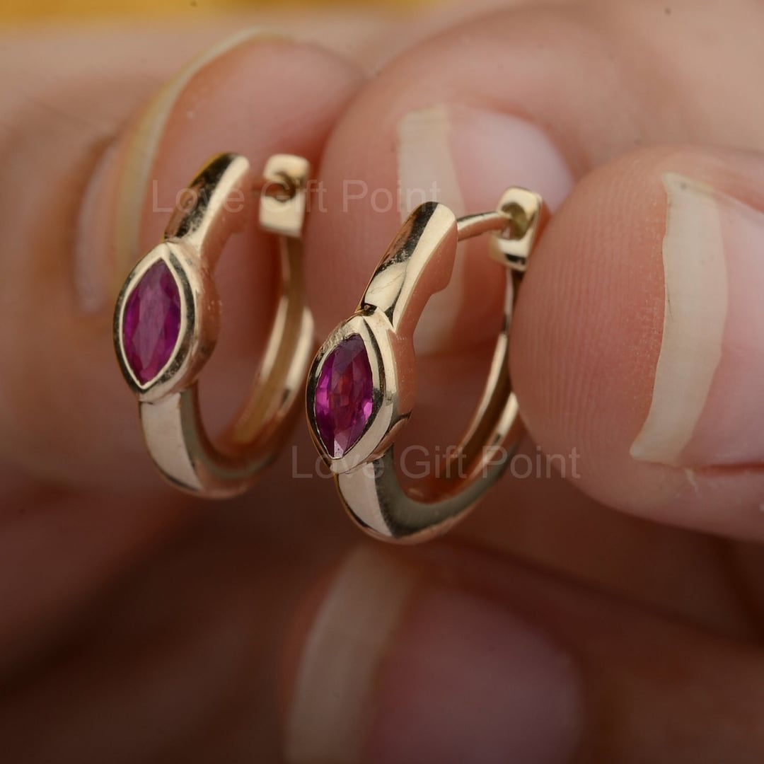 Elegant Marquise Ruby Hoop Earrings / Solid 14K Yellow Gold Lever Back ...
