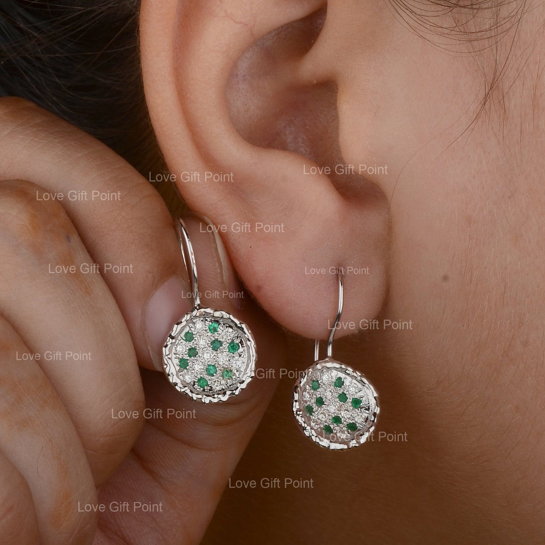 10 Mm Textured Round Disc Dangle Hook Earrings Natural Emerald - Etsy