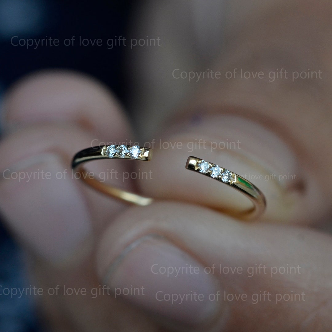 Diamond Pave Open Cuff Gold Ring, Solid 14K Yellow Gold, Thin Stackable ...