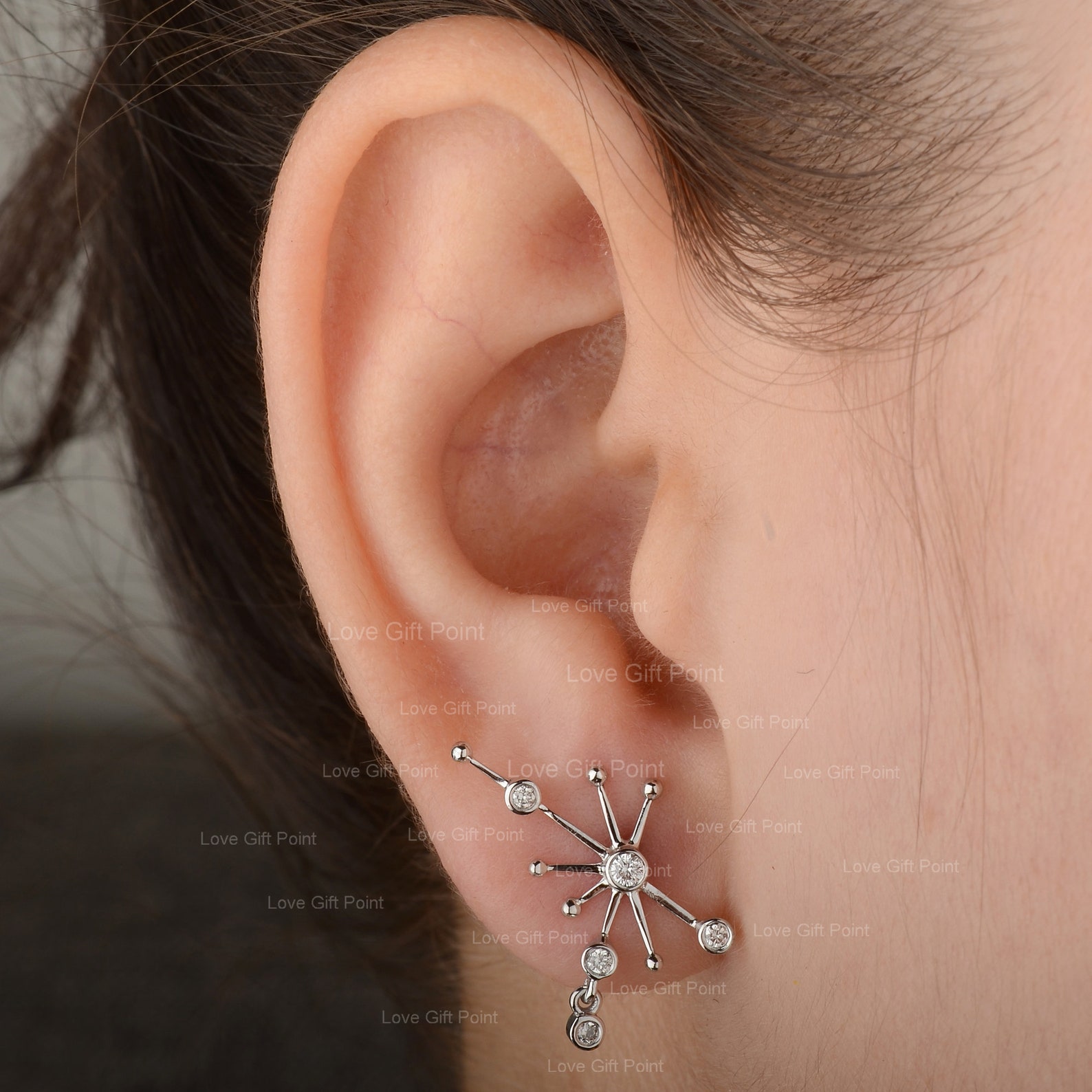 Starburst Station Stud Earrings Solid 14K Yellow Gold Real - Etsy