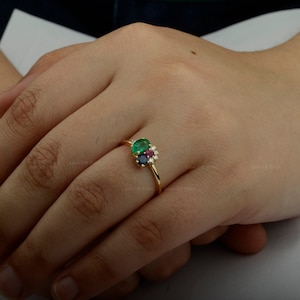 Multi Stone Ring Natural Blue Sapphire Emerald Ruby Gemstone Cluster ...