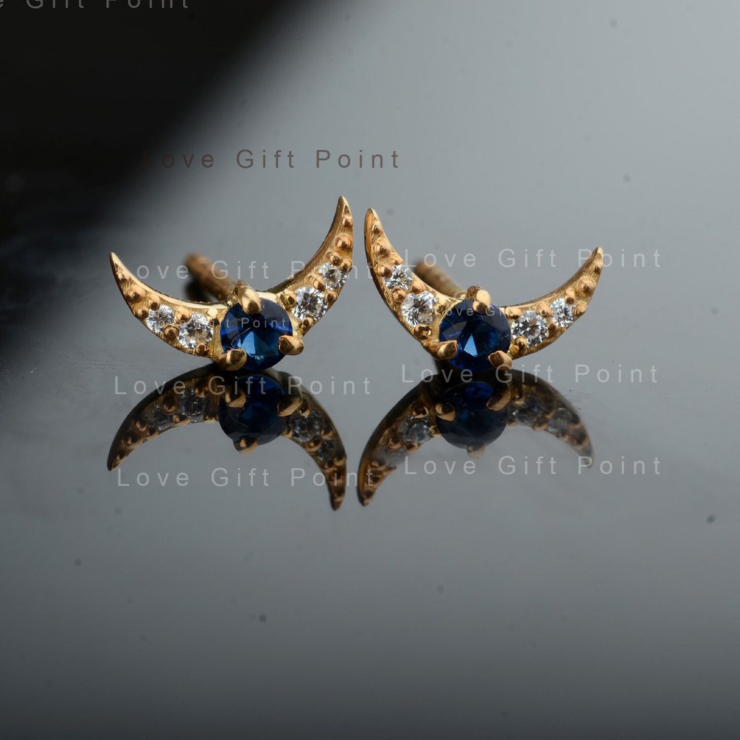 Celestial Moon Tiny Stud Earrings | SI Clarity G-H Color Pave Diamonds | Natural Blue Sapphire ...