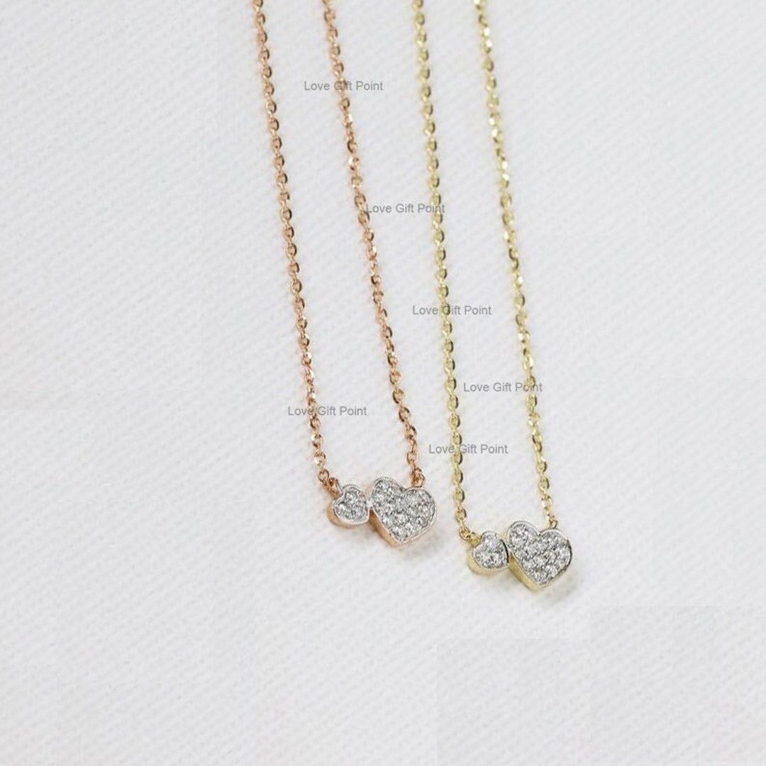 Diamond Two Heart Pendant Necklace, 14K Yellow Gold Valentine Gift - Etsy