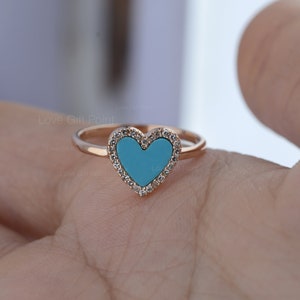 Halo Heart Ring, Natural Turquoise Heart Ring, Solid 18K Yellow Gold ...
