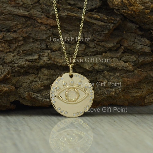 14K Solid Gold Carved Evil Eye Disc Necklace Protection - Etsy