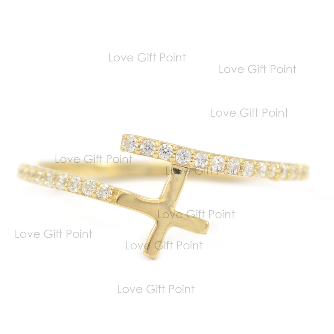Genuine Christian Cross Cuff Diamond Pave Dainty Ring Solid 14K Yellow ...