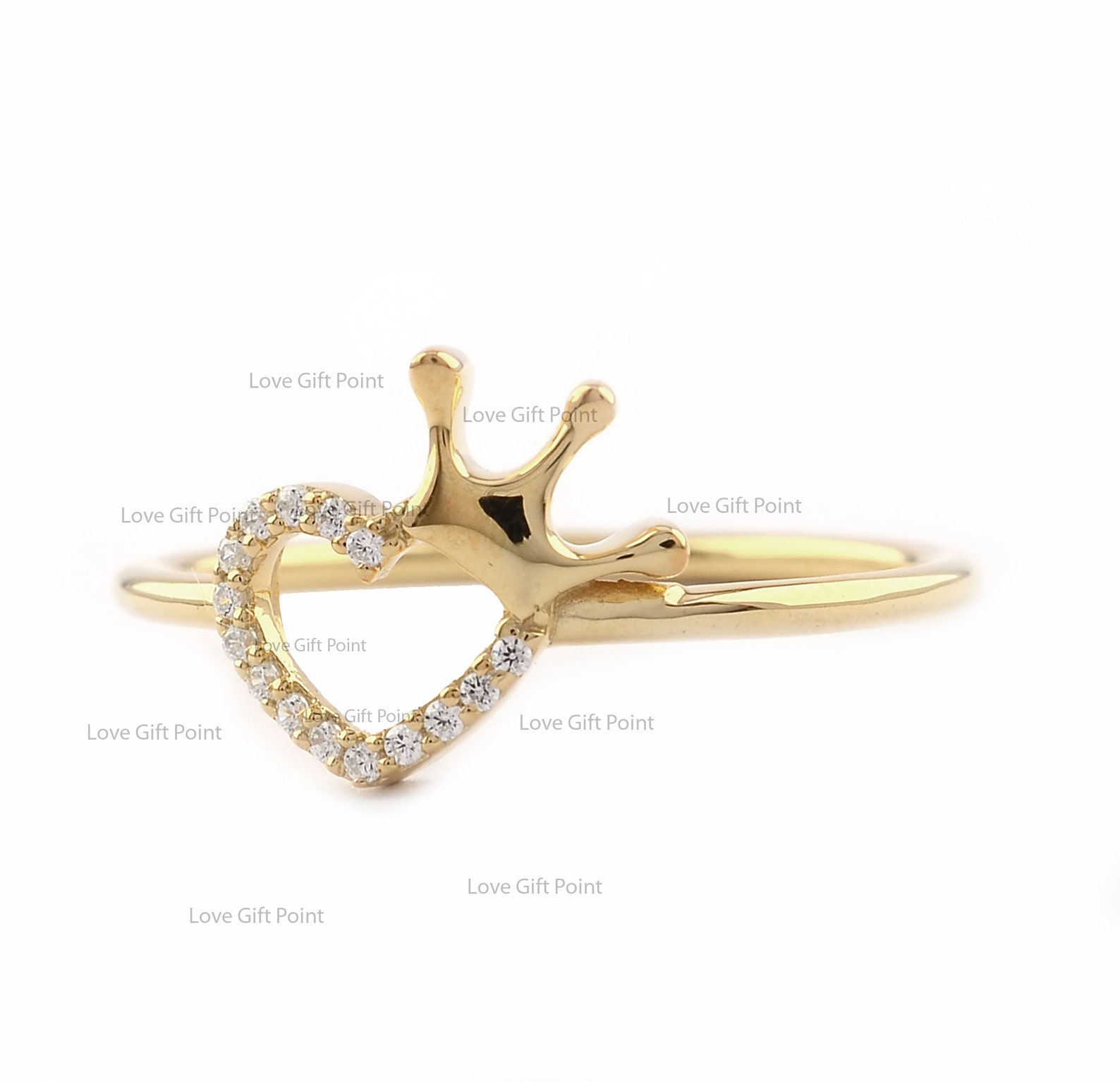 Solid 14K Yellow Gold Heart Crown Ring With Genuine 0.08 Ct. SI Clarity ...