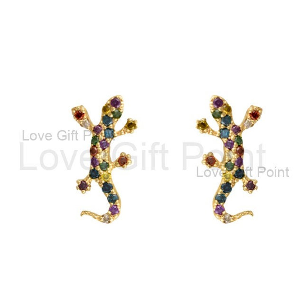 Lizard Multistone Earrings | Multi Sapphire Stud Earrings | Solid 14K ...