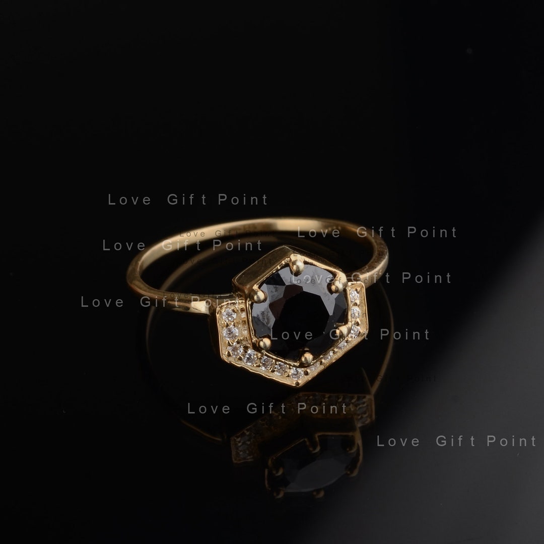 Octagon Black Spinel Diamond Ring: 14K Yellow Gold Shield Ring - Etsy