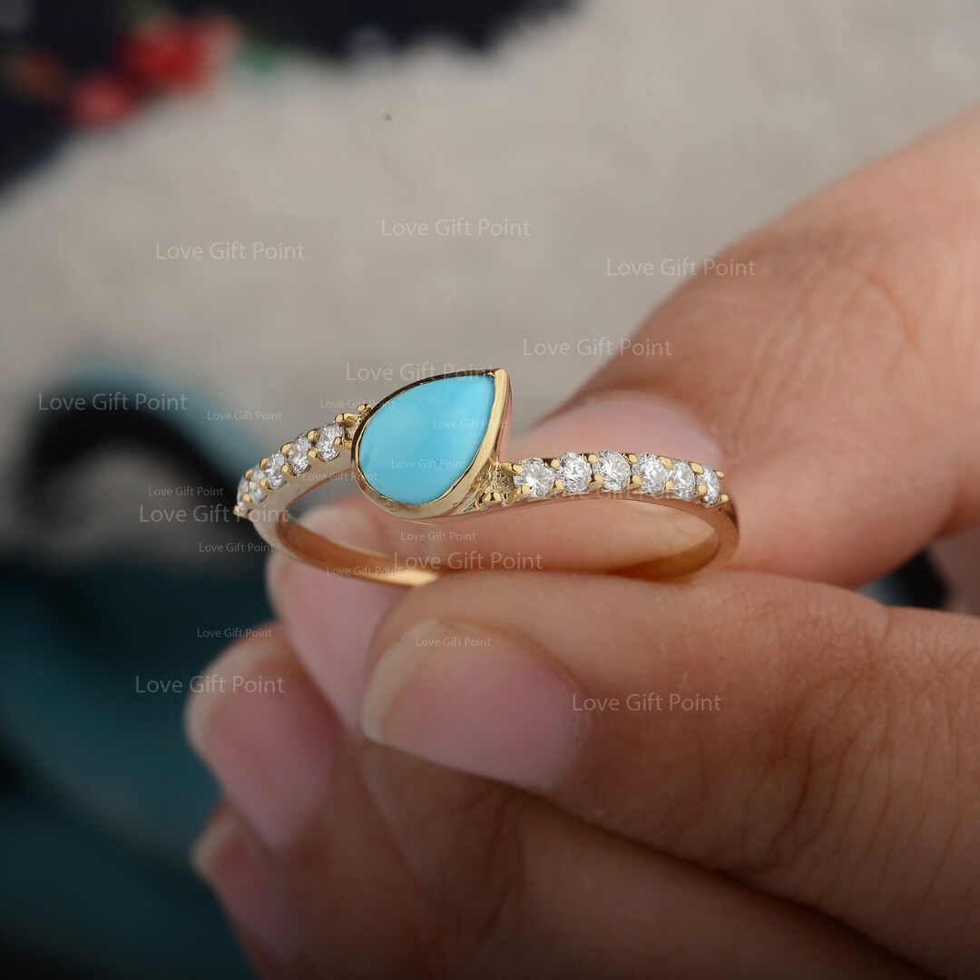 Genuine Pear Turquoise Ring/ 14K Gold Turquoise Ring/ Turquoise Diamond ...