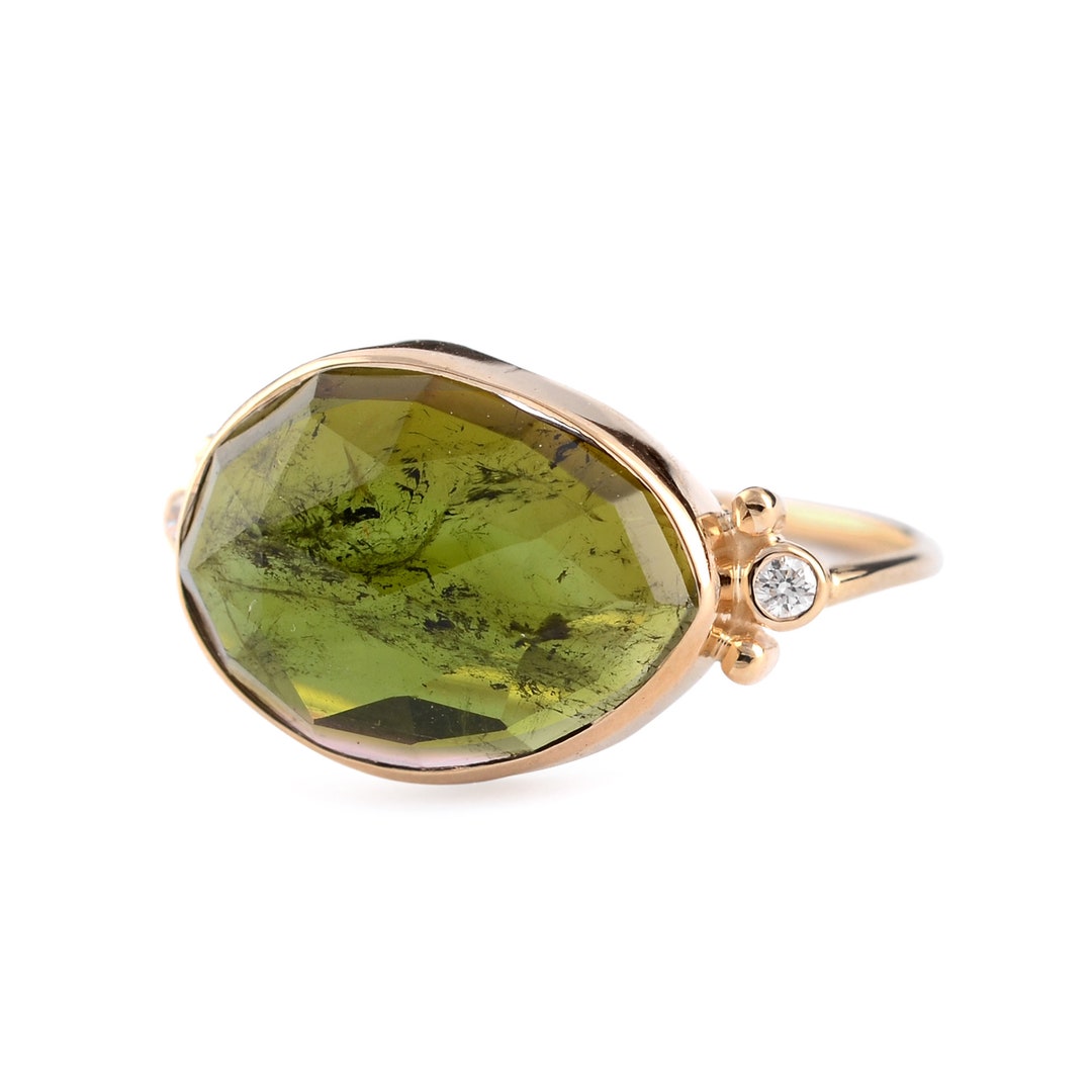 Natural Unshaped Green Tourmaline Ring, 14K Solid Yellow Gold Diamond ...