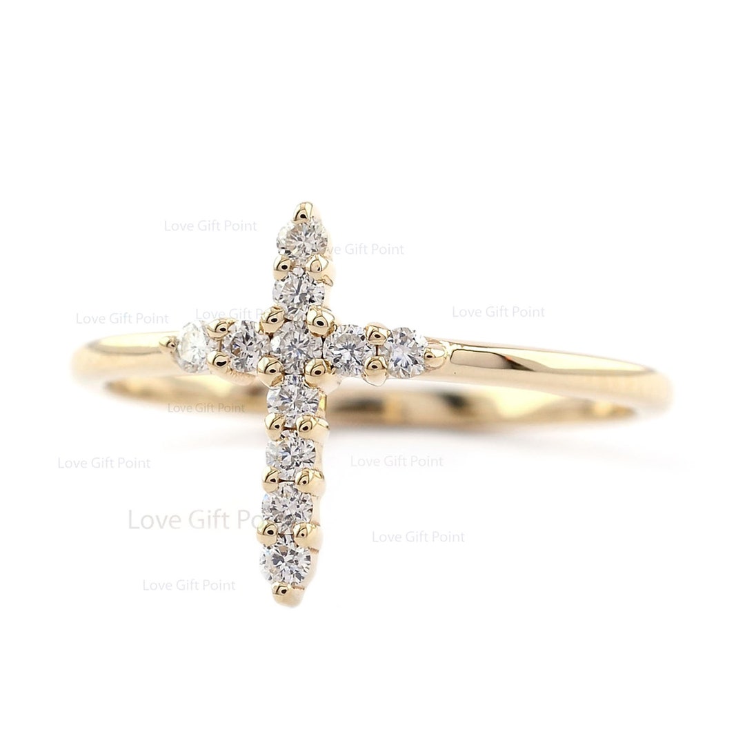 14K Gold Christian Cross Ring, Natural Diamond Ring, Religious Ring ...