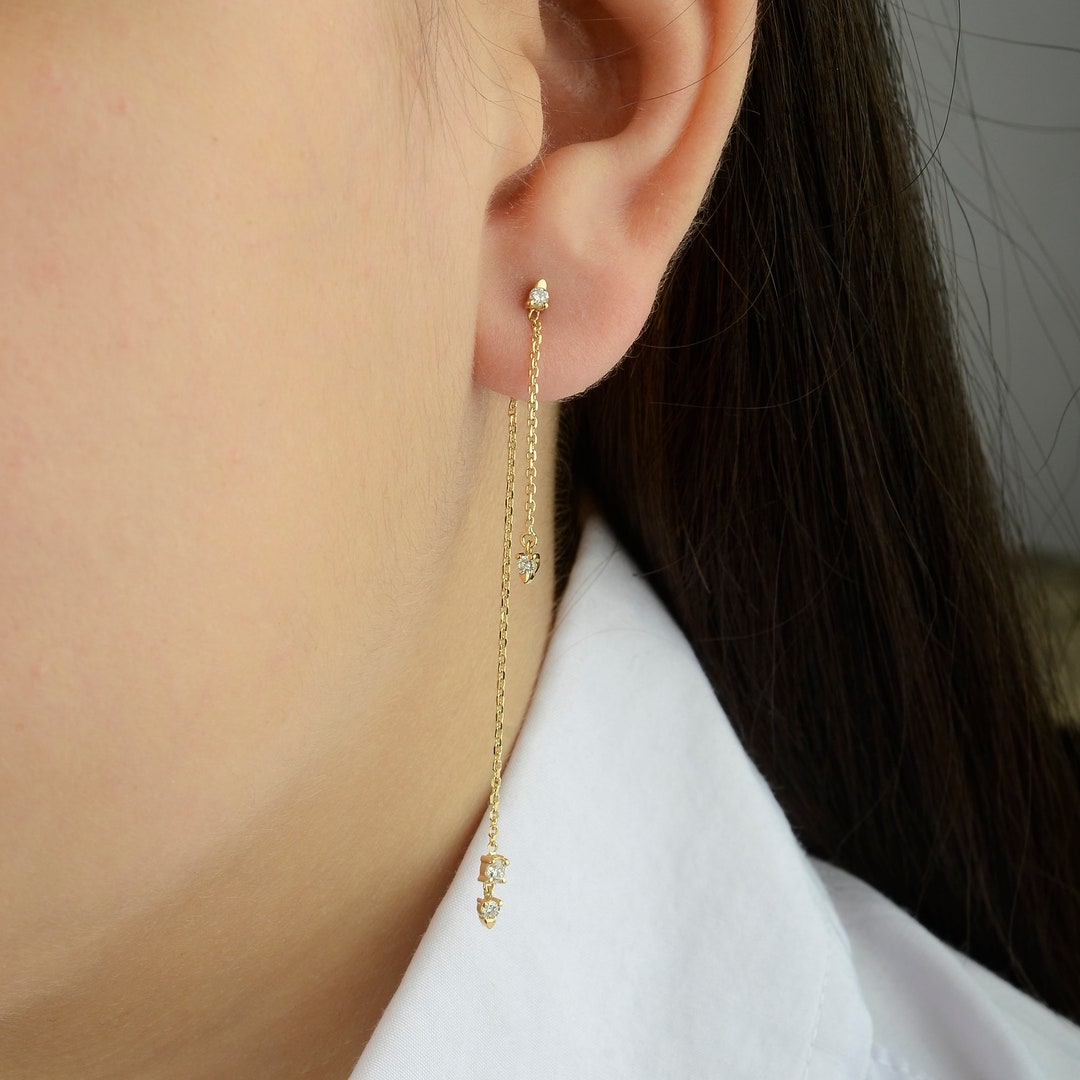 14K Gold Diamond Chain Drop Earrings: Minimalist Front Back Studs - Etsy