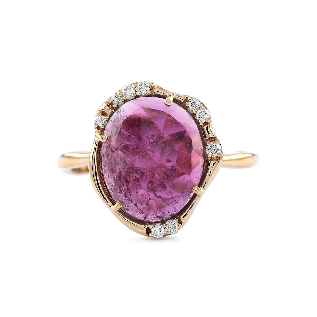 Unshaped Pink Tourmaline and Diamond Ring, 10K/14K/18K Solid Gold Ring ...