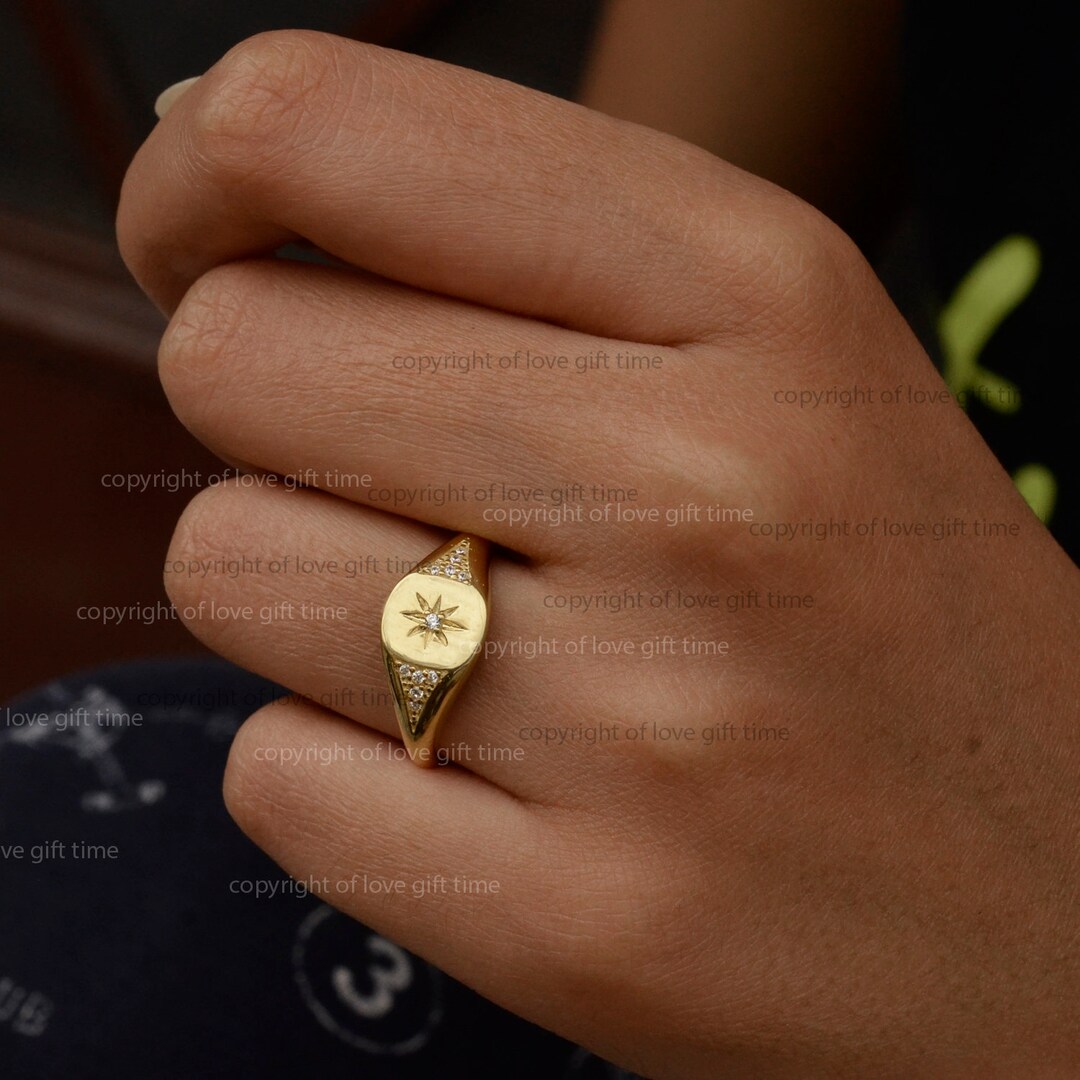 Natural Diamond Star Signet Ring in 14k Solid Yellow Gold Signet Ring ...