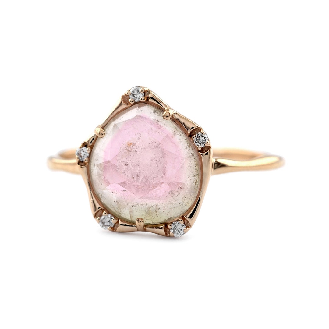 Natural Unshaped Bio Watermelon Tourmaline Ring Solid 14K Yellow Gold ...