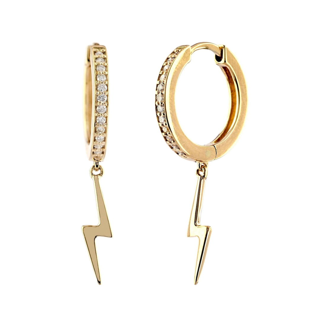 Lightning Bolt Hoop Earrings, Solid 14K/18K Gold Natural Diamond Pave ...