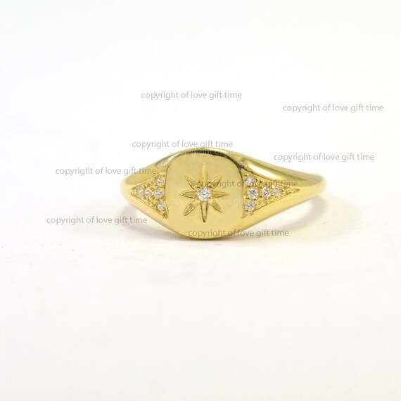 Natural Diamond Star Signet Ring in 14k Solid Yellow Gold | Etsy