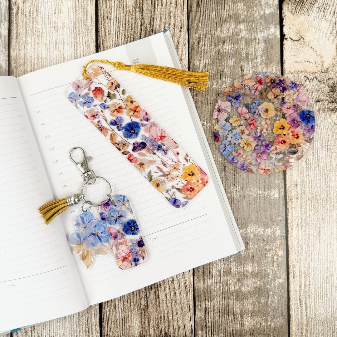 Pressed Flower Acrylic Gift Set | Bookmark, Coaster & Keychain | UV ...