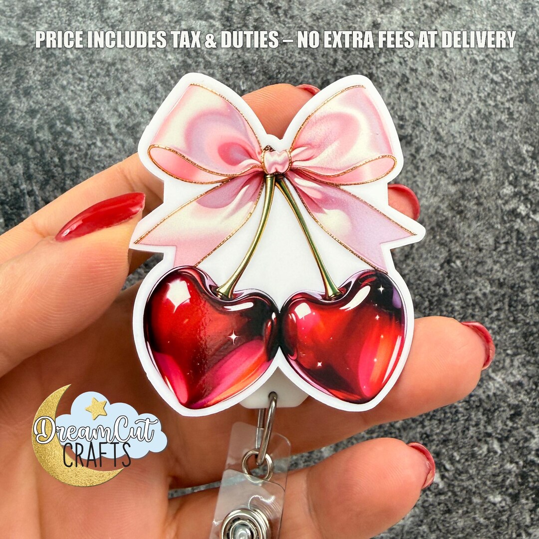 Cherry Bow Badge Reel Top | Valentine Love Badge Accessory | UV Printed ...