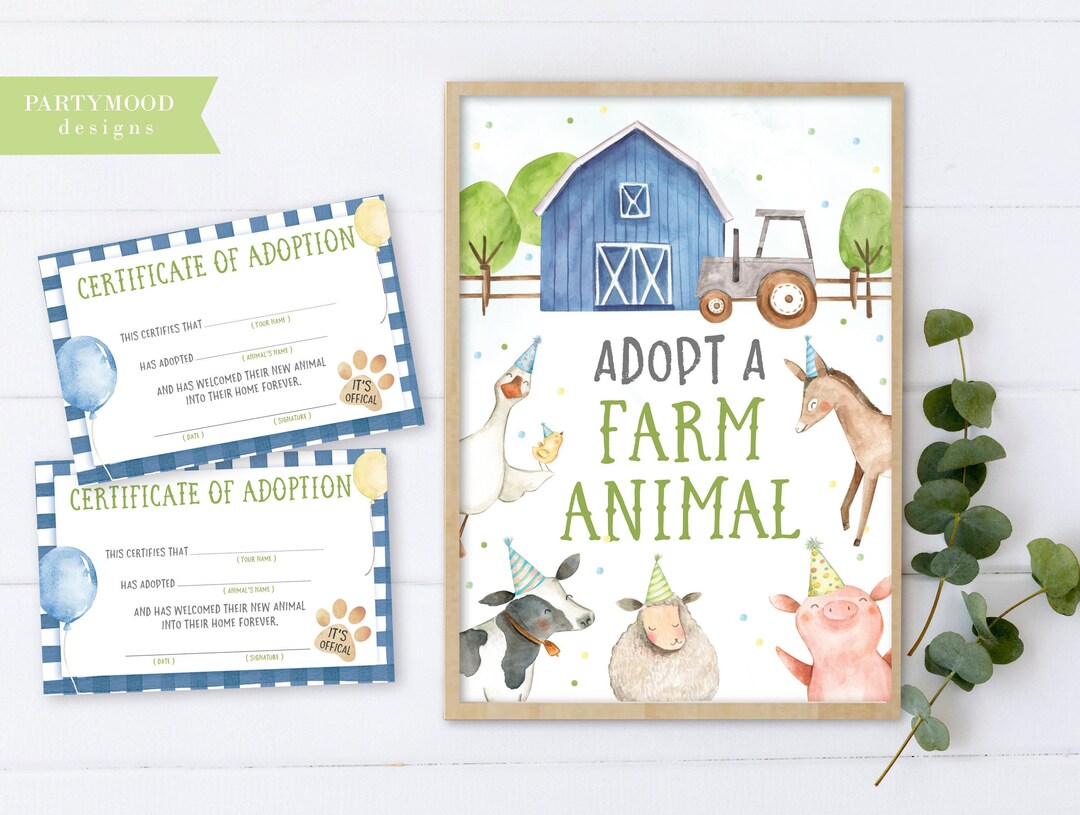 Adopt A Farm Animal Sign, Certificate of Adoption, Farm Animals Decor ...