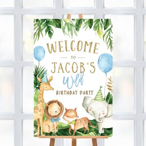 Wild One Safari Welcome Sign, Editable, Blue Boys Wild Tropical, Lion ...