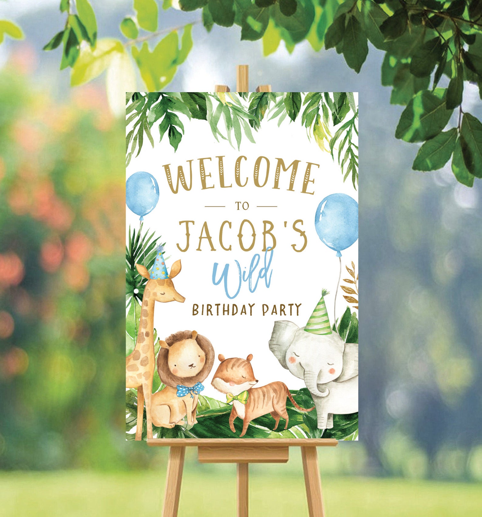 Wild One Safari Welcome Sign, Editable, Blue Boys Wild Tropical, Lion ...
