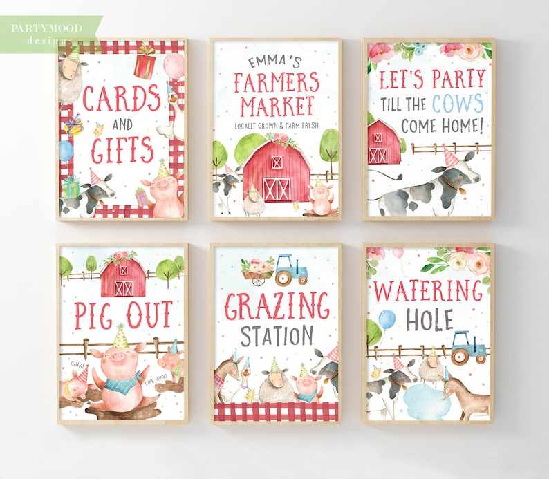 Farm Birthday Signs, Set of 6, Fun Signs, Farm Animals Table Decor, Boy ...