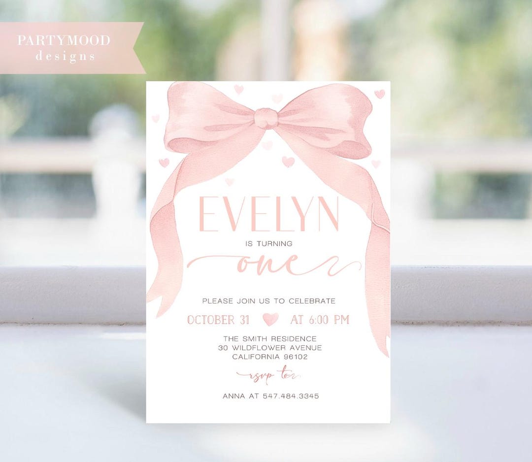 Editable Pink Bow Birthday Invitation Pink Bow 1st Birthday Bow ...