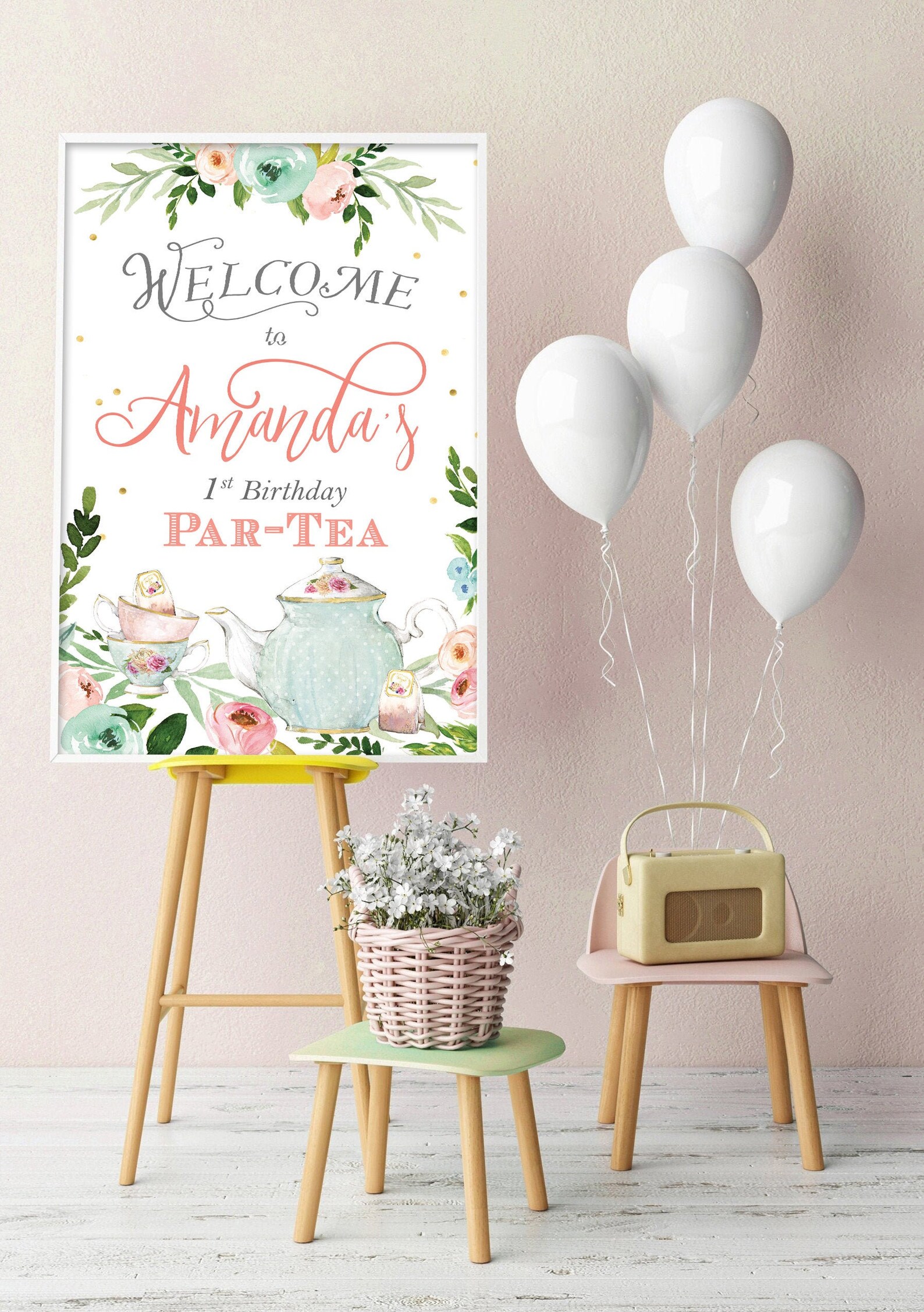 Floral Tea Party Welcome Sign, Girl 1st Birthday, High Tea Party Invite ...