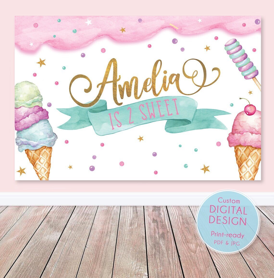 Two Sweet Ice Cream Backdrop, Editable Sign, Here's the Scoop, Sweet ...