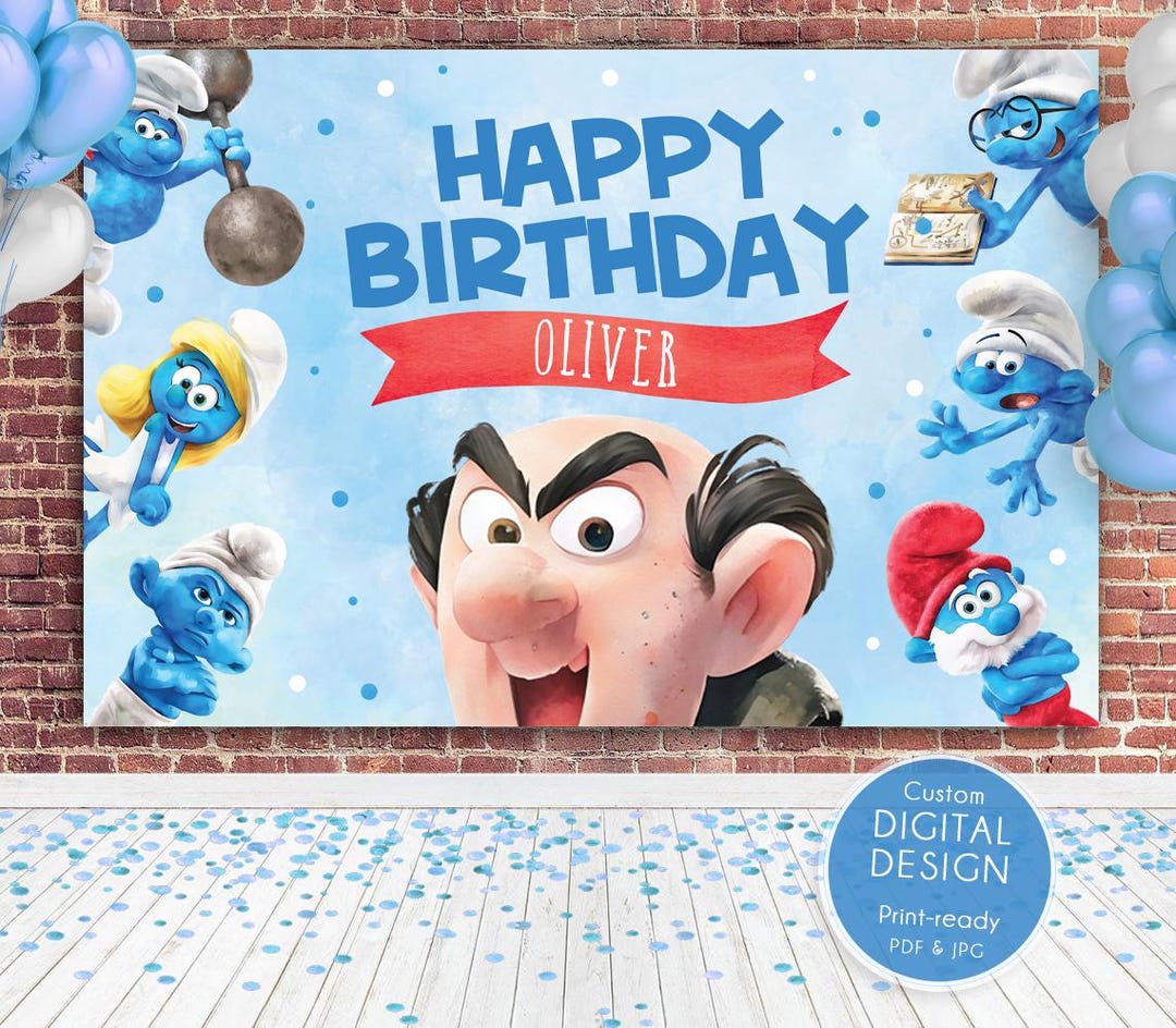 Smurfs Birthday Backdrop, Editable Smurf Sign, Smurfs Movie Birthday ...
