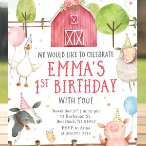 Farm Animals Birthday Invitation, Editable First Birthday Invite ...