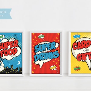 Superheroes Party Signs, Drinks Gifts Food Sign, Table Decor, Superhero ...