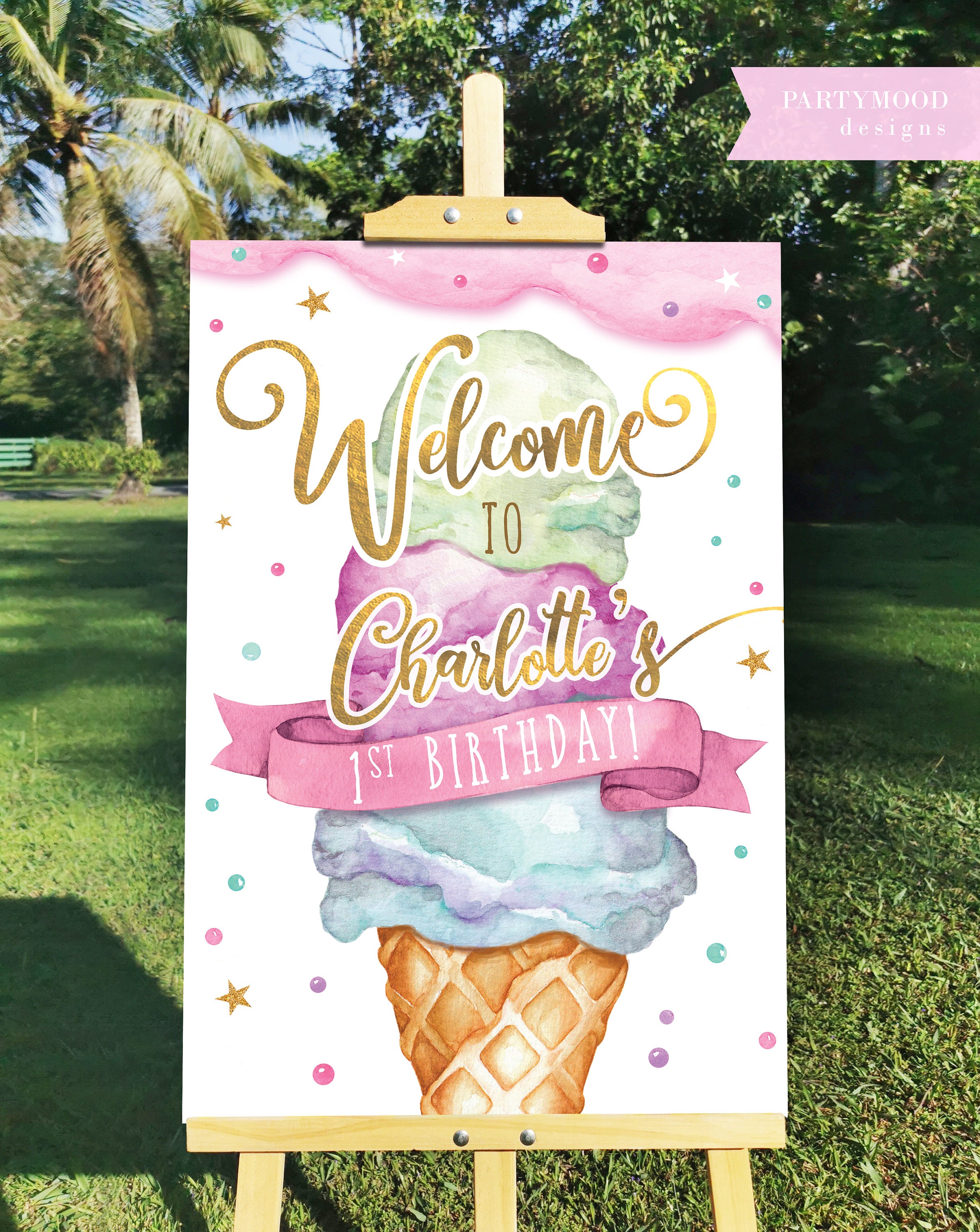Two Sweet Ice Cream Backdrop, Editable Sign, Here's the Scoop, Sweet ...