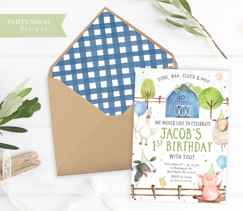 Farm Animals Birthday Invitation, Editable First Birthday Invite ...