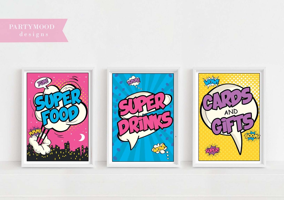Superhero Party Signs, Food Drinks Gifts Sign, Table Decor, Superhero ...