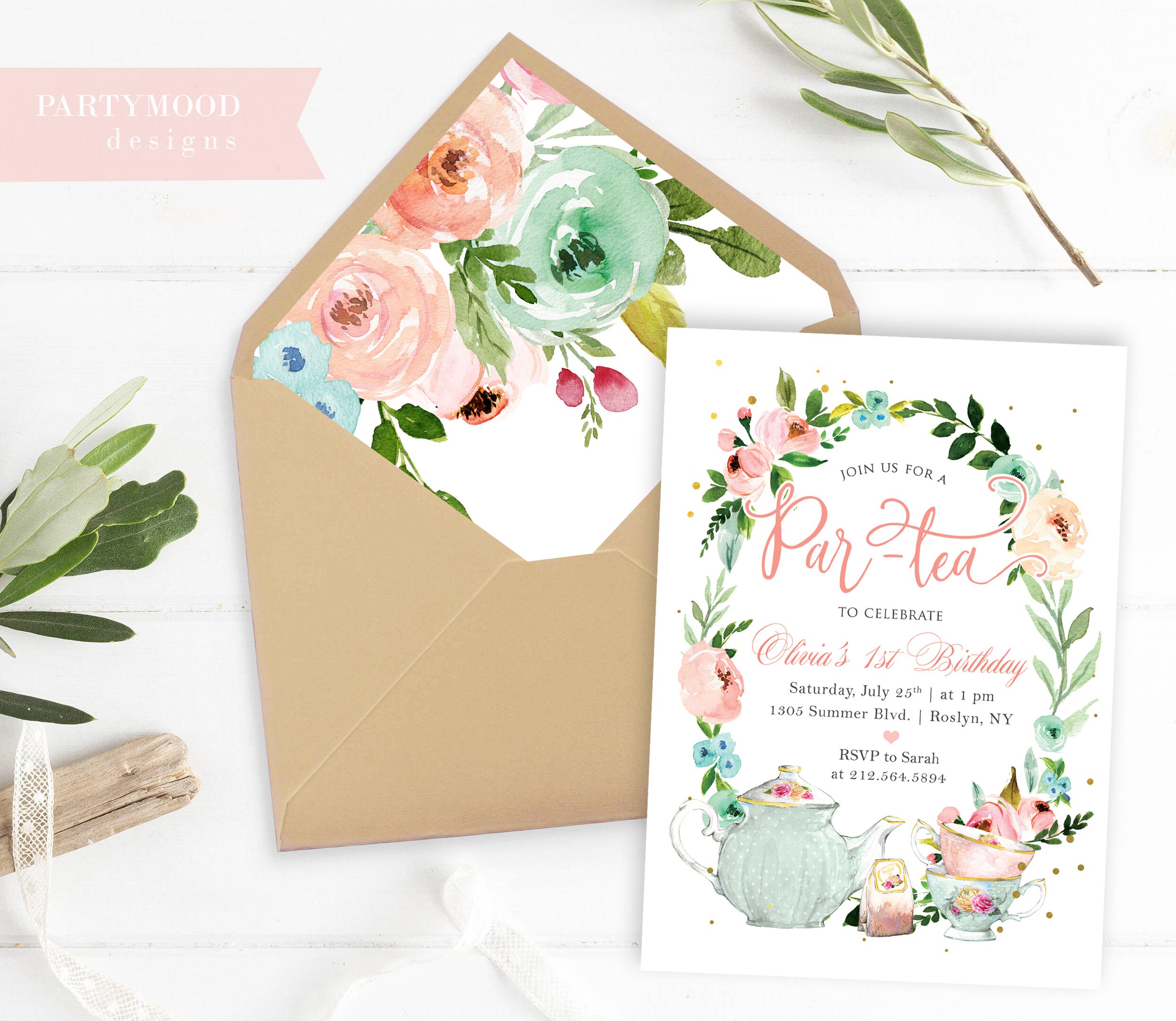 Floral Tea Party Birthday Envelope Liner Girl 1st Birthday | Etsy