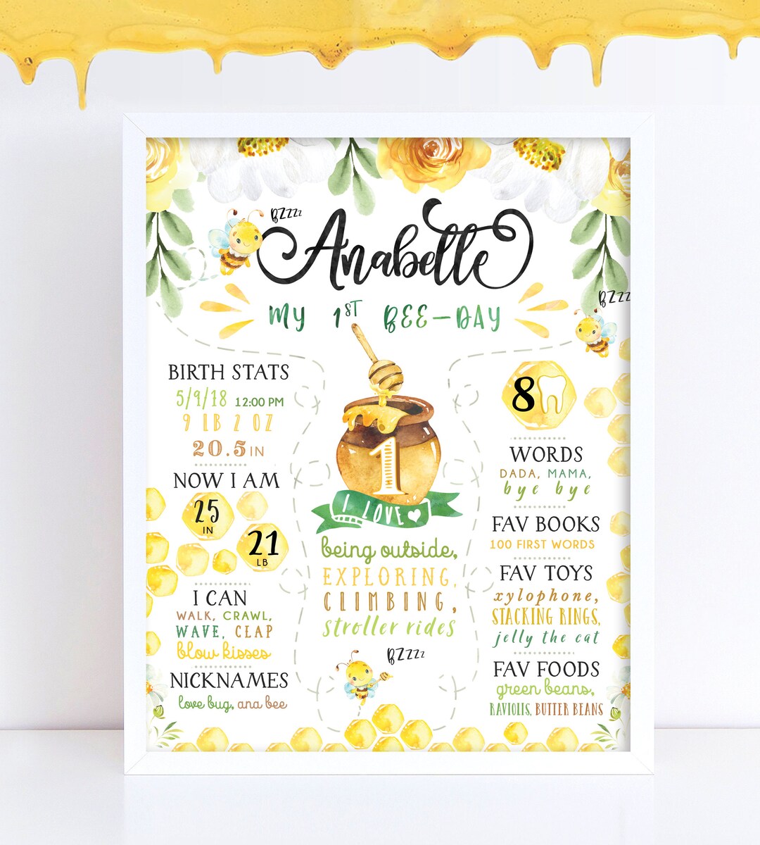 Bee Milestone Poster, Bumble Bee, Little Honey Party Invite, Bee-day ...