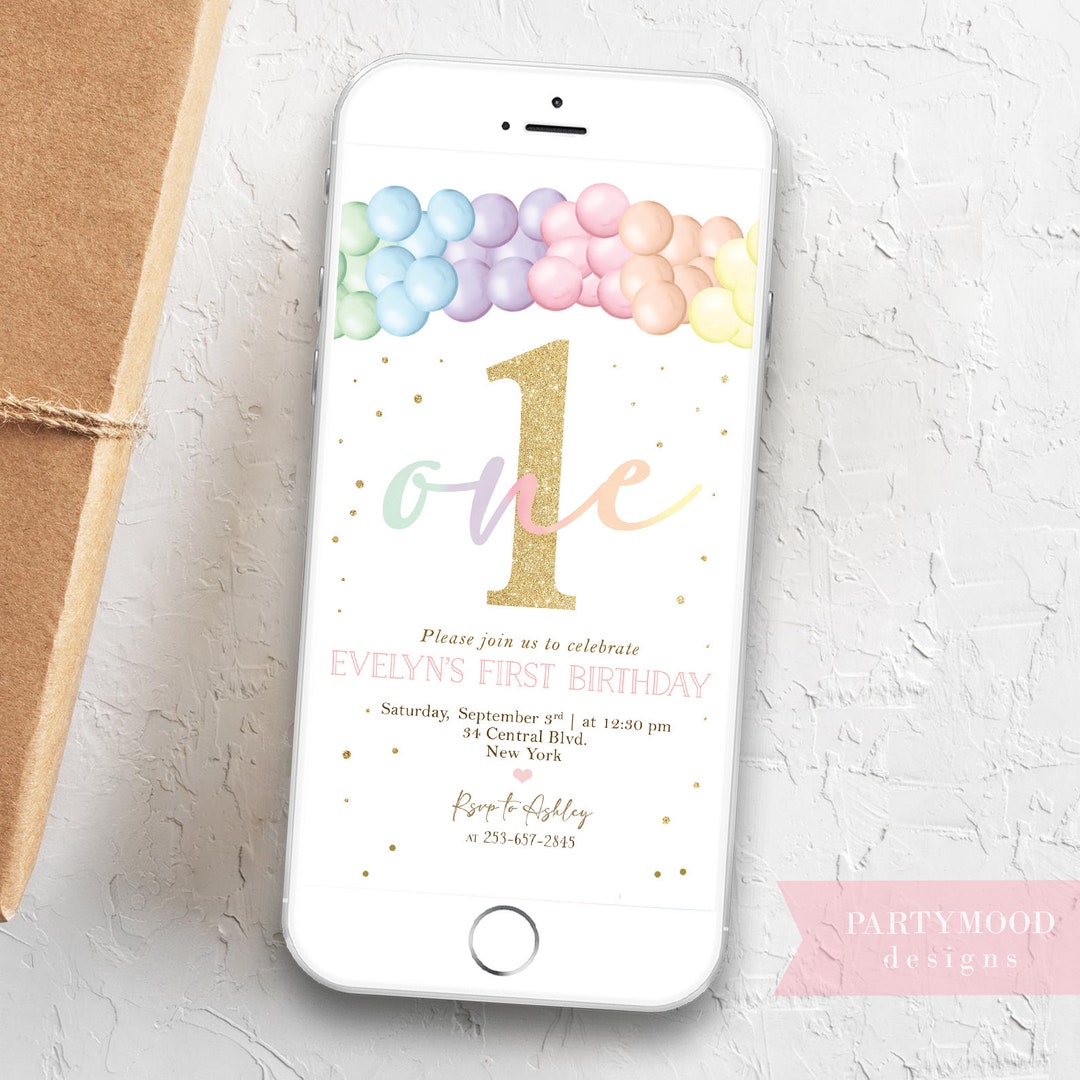 Pastel Rainbow Birthday Phone Invitation Balloon Arch Evite Pastel 1st ...