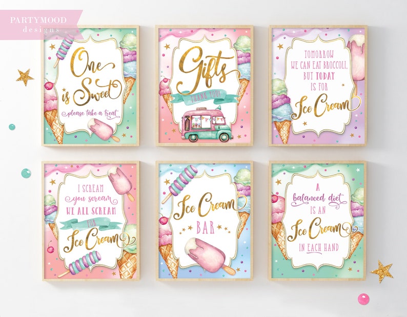 Ice Cream Birthday Signs Set, Set of 6, Birthday Decor, Here's the ...