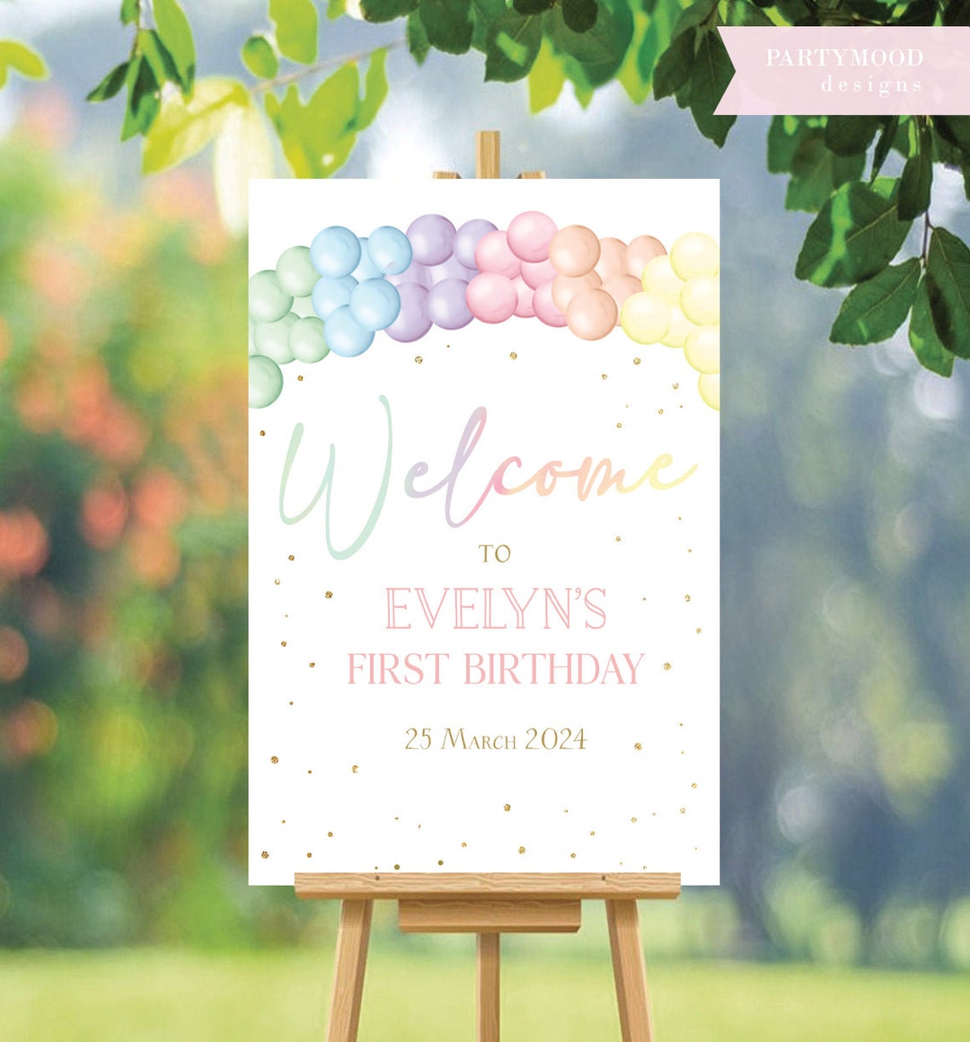 Pastel Rainbow Welcome Sign, Balloon Arch Poster Pastel 1st Birthday ...