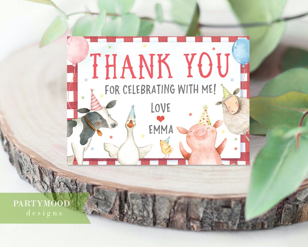 Farm Animals THANK YOU Card, Editable Insert, First Birthday, Barnyard ...