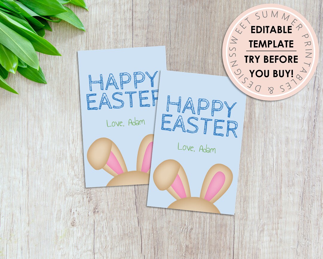 Bunny Ear Blue Easter Gift Tag Printable, Editable Easter Basket Tag ...