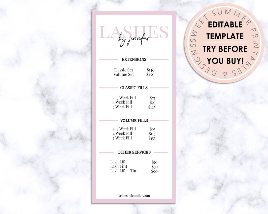 Lashes Editable Price List, Lashes Editable Rack Card, Lashes Editable ...