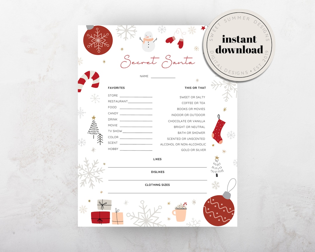 Winter Fun Secret Santa Questionnaire Printable, Printable Gift ...