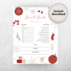 Winter Fun Secret Santa Questionnaire Printable, Printable Gift ...