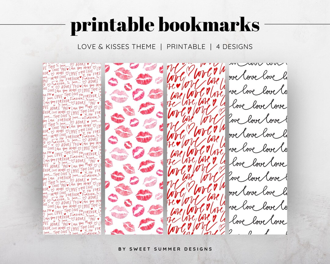 Love and Kisses Bookmark Printable | Valentine Bookmark for Book Lovers ...