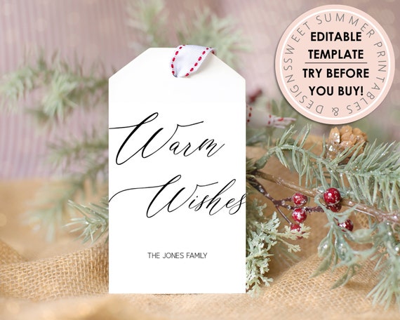Warm Wishes Script Gift Tag Printable Editable Christmas Gift | Etsy