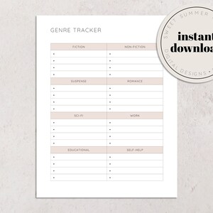 Book Genre Tracker Printable, Reading Journal Printable, Online Shop ...